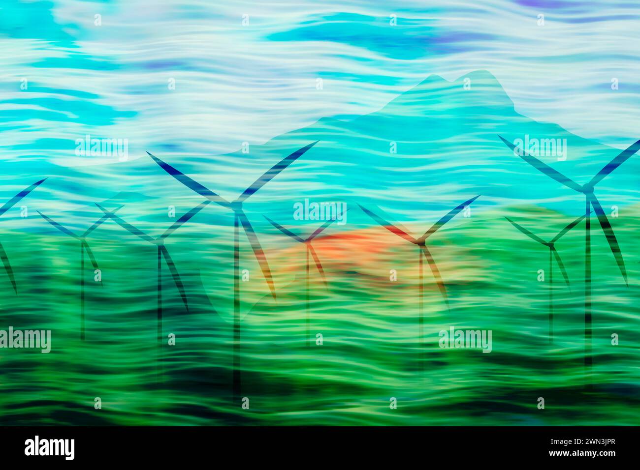 Illustration for climate protection Wind turbines with blue mountains ...