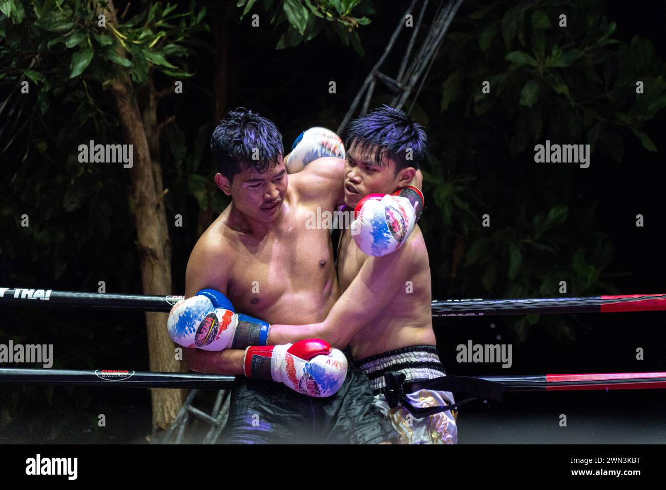 Koh Chang, Thailand. 24th Feb, 2024. Boxers Thana (L) and San Cheng (R) are seen in action ...