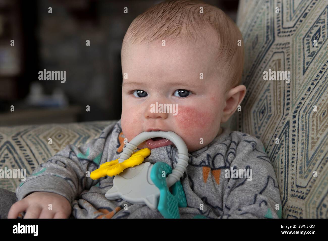 Four month old baby boy with a toy dangling from his mouth Stock Photo ...
