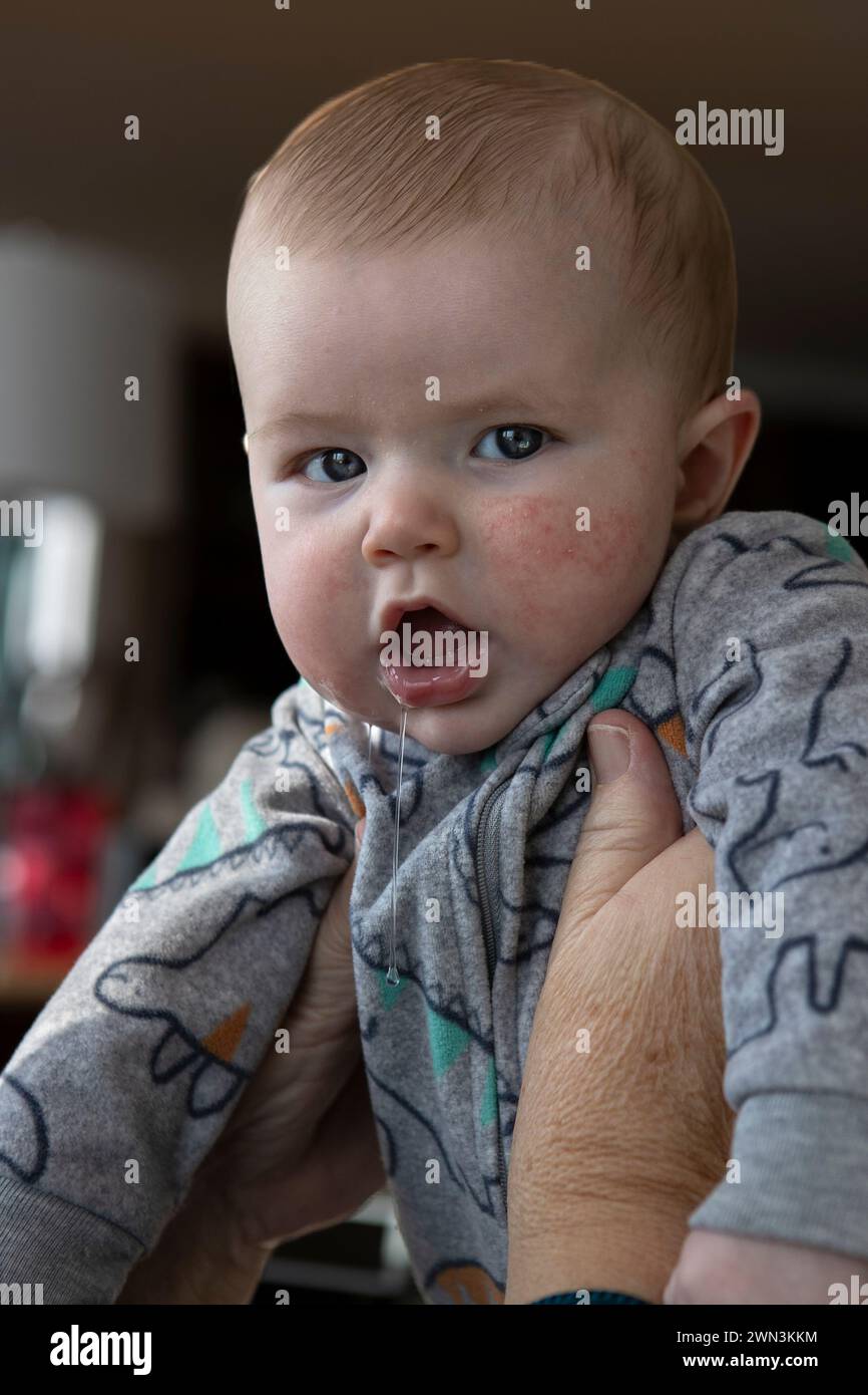 Four month old infant boy being held in the air by adult hands Stock ...