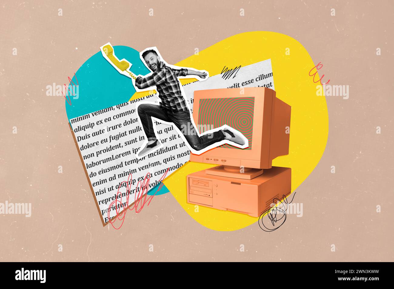 Composite photo collage of young guy running and jumping phone call ...