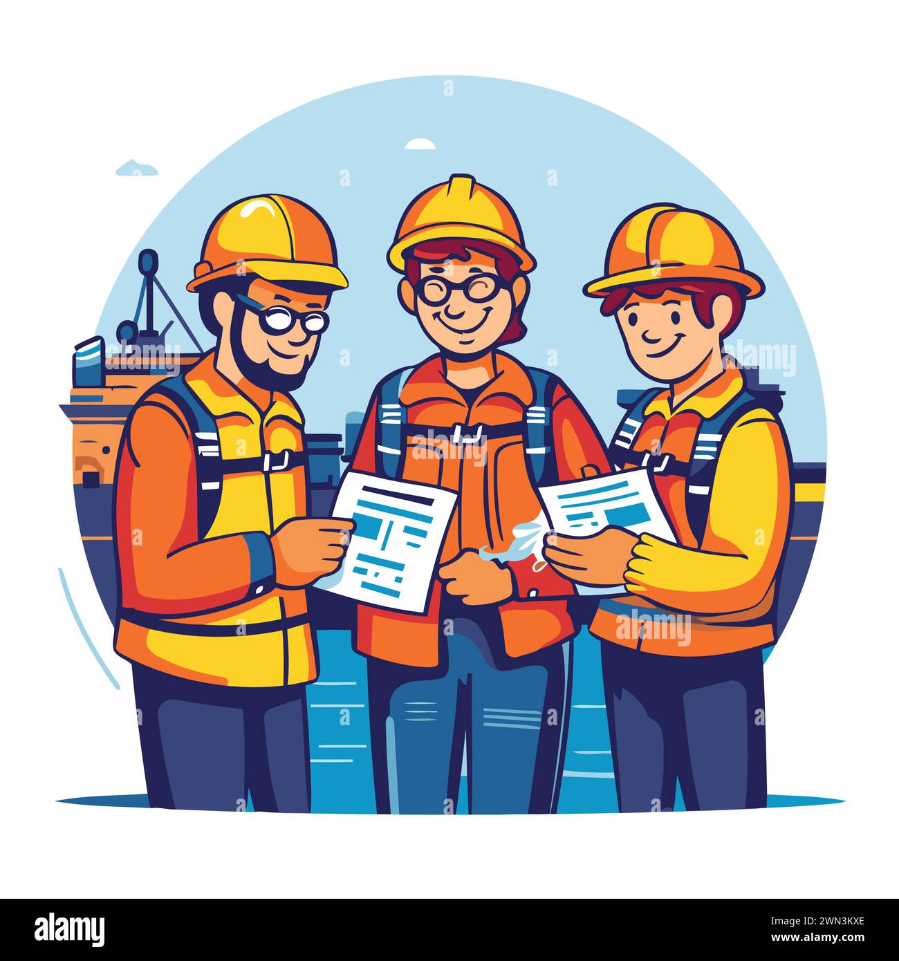 Construction workers team. Vector illustration in cartoon style on ...