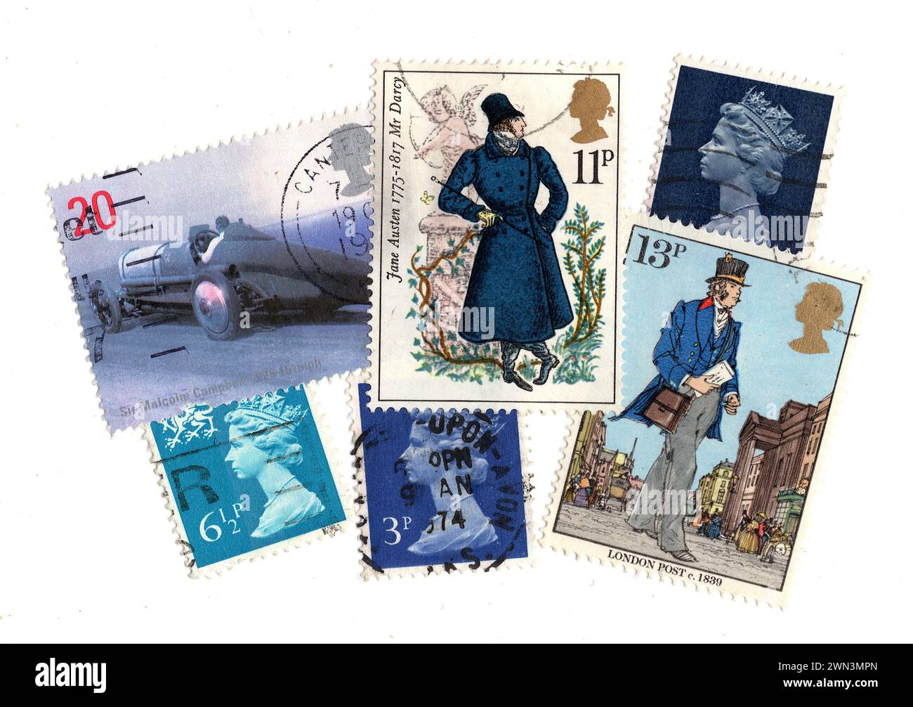 Vintage blue commemorative postage stamps from the United Kingdom ...