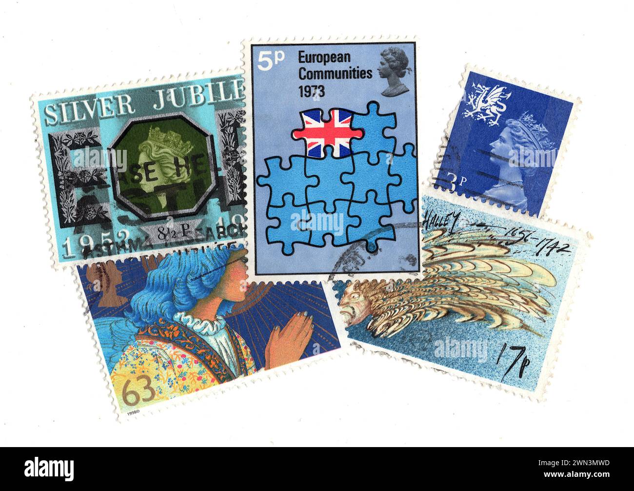 Vintage blue commemorative postage stamps from the United Kingdom ...