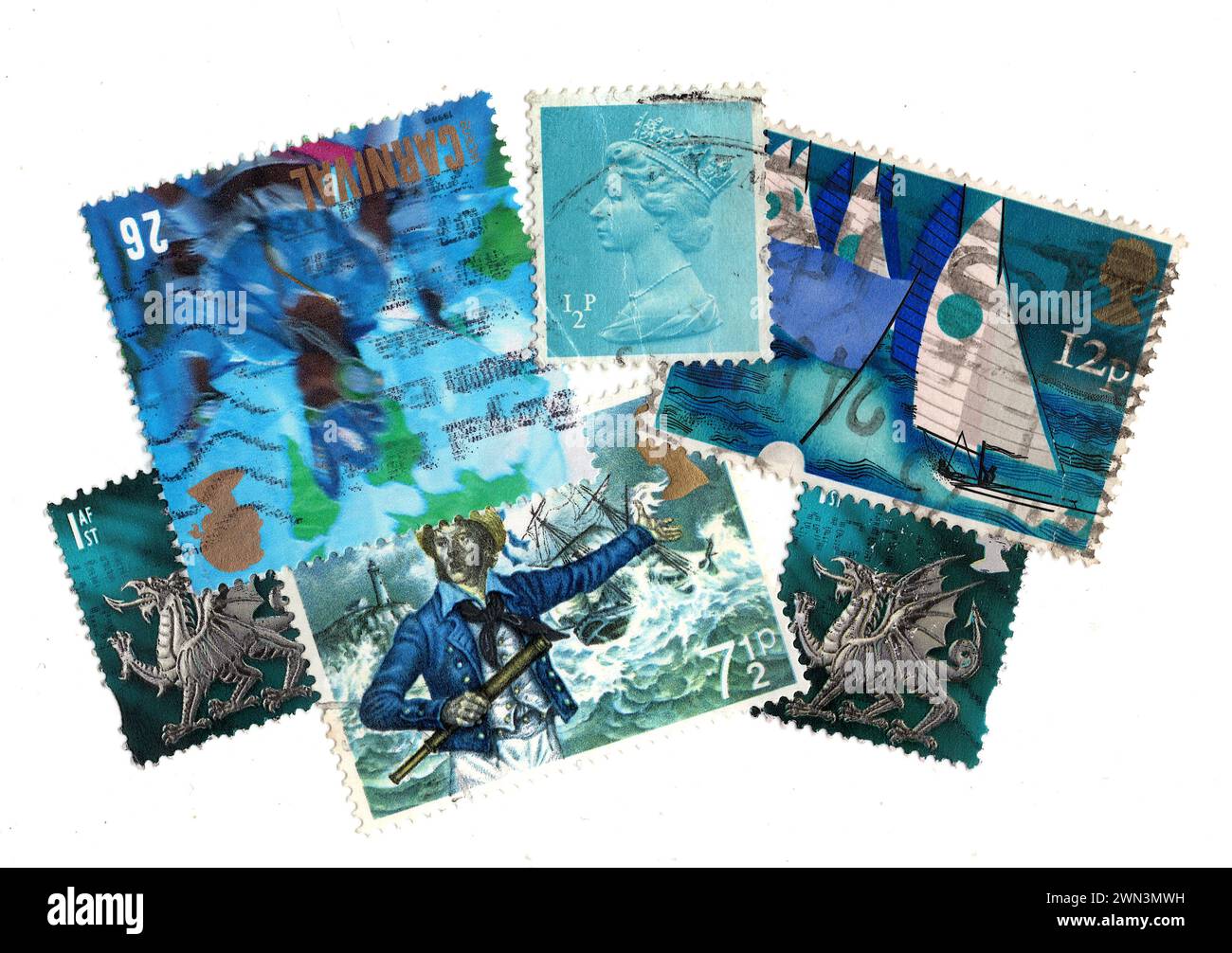 Vintage blue commemorative postage stamps from the United Kingdom ...