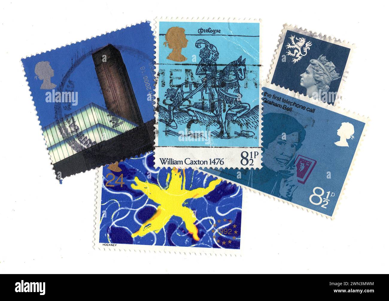 Vintage blue commemorative postage stamps from the United Kingdom ...