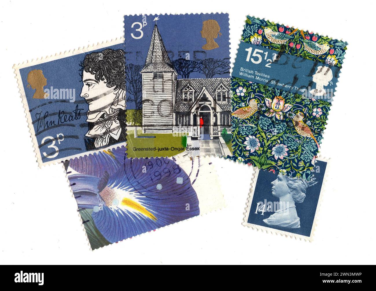 Vintage blue commemorative postage stamps from the United Kingdom ...