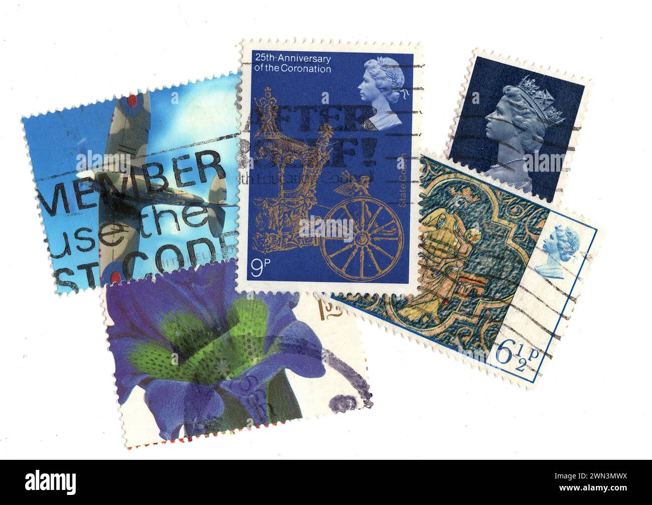 Vintage blue commemorative postage stamps from the United Kingdom ...