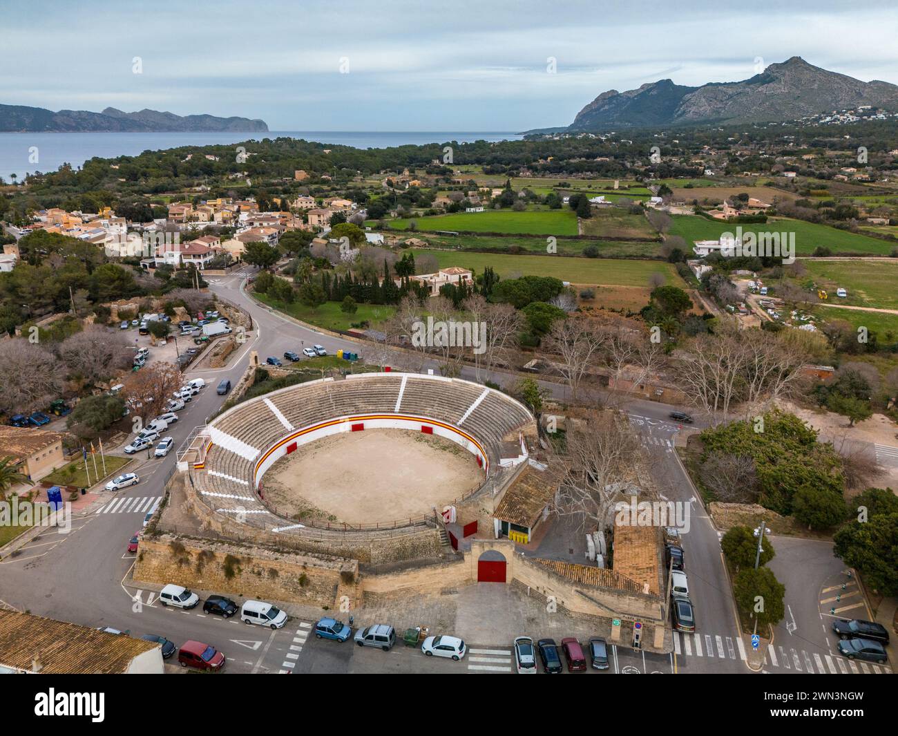 Aerial view of Alcudia in Mallorca, aerial drone view of Plaza de toros ...