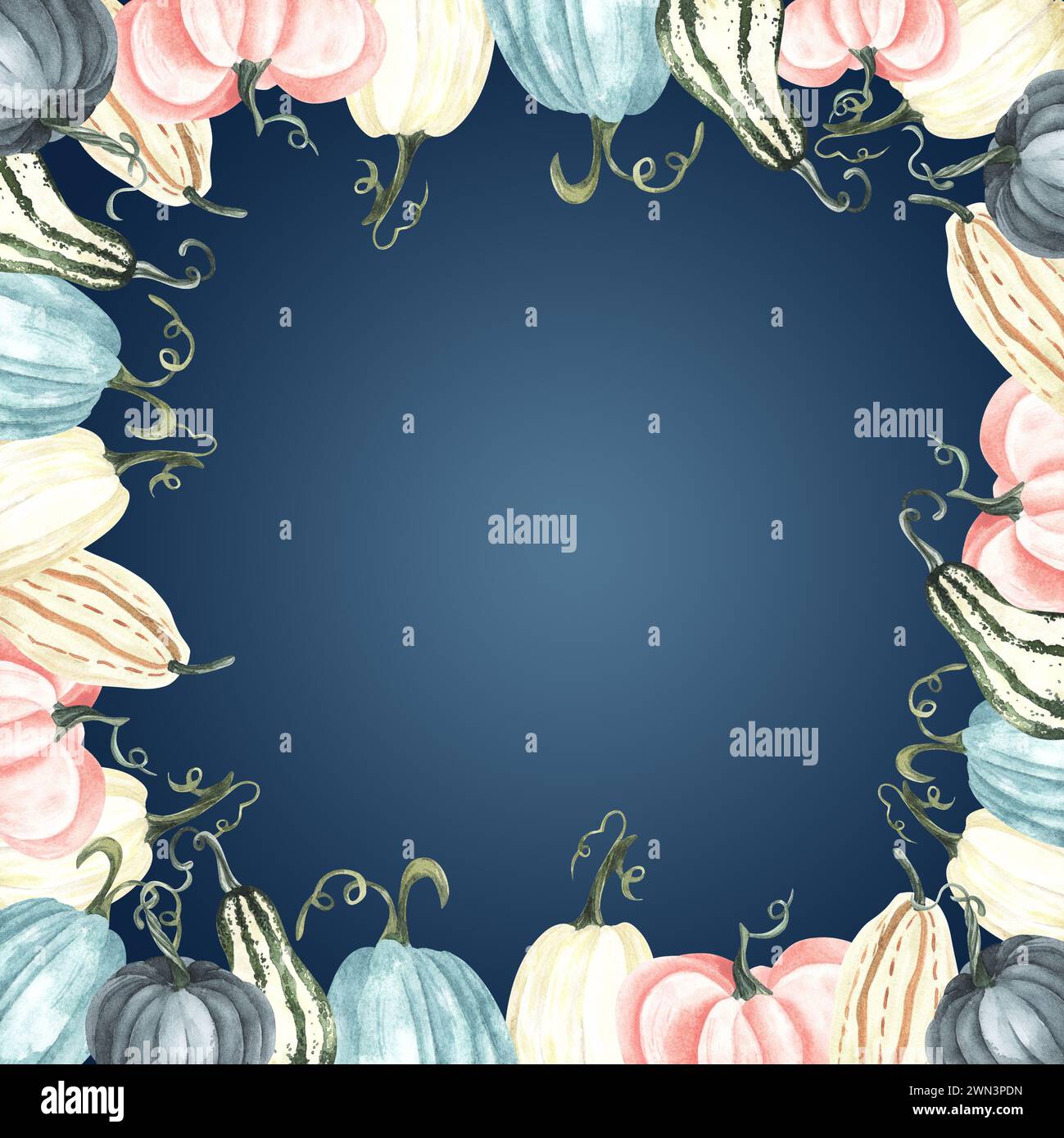 Watercolor square frame with autumn blue white, pink pumpkins. Floral ...