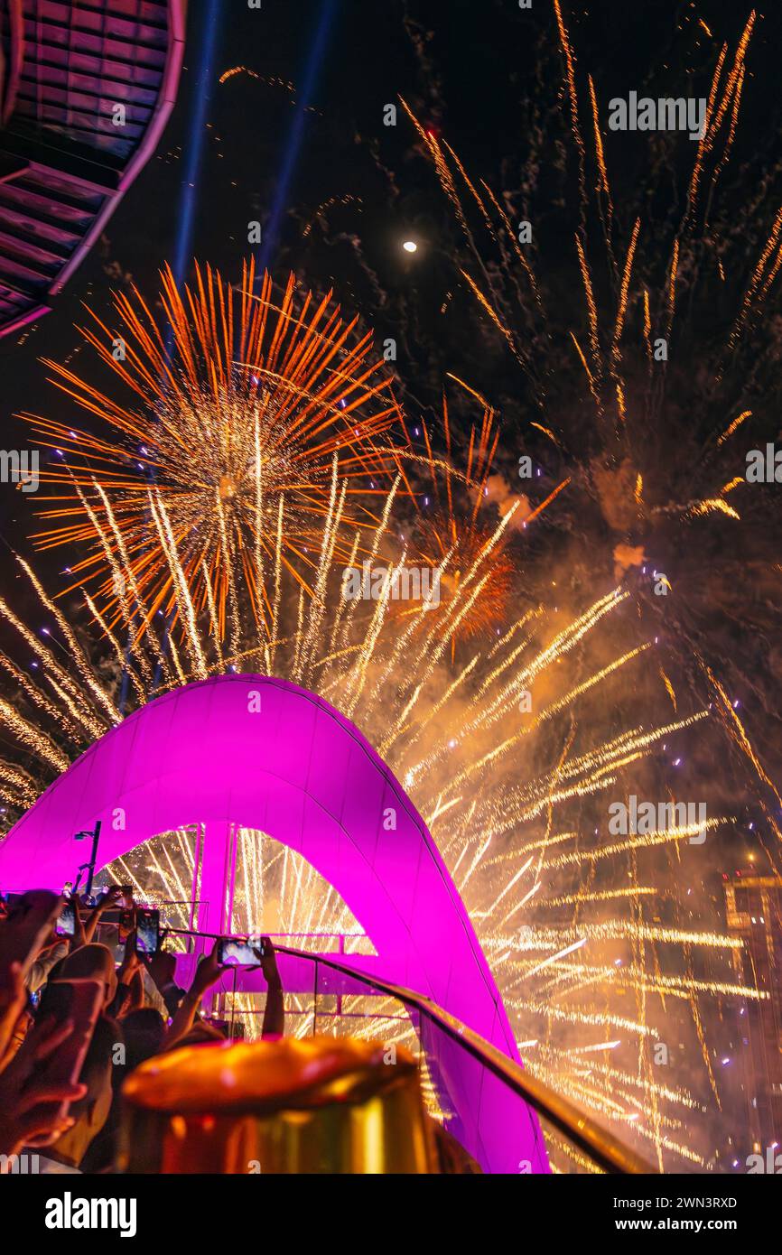 Fireworks display, New Years Eve, Bangkok skyline, Thailand Stock Photo ...