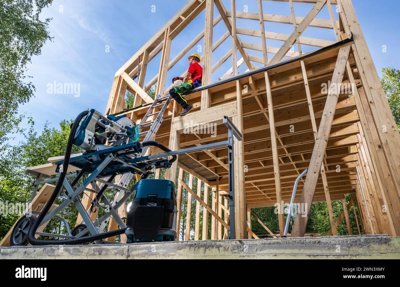 Wooden Skeleton Frame Contractor Taking Short Lunch Break While in the ...