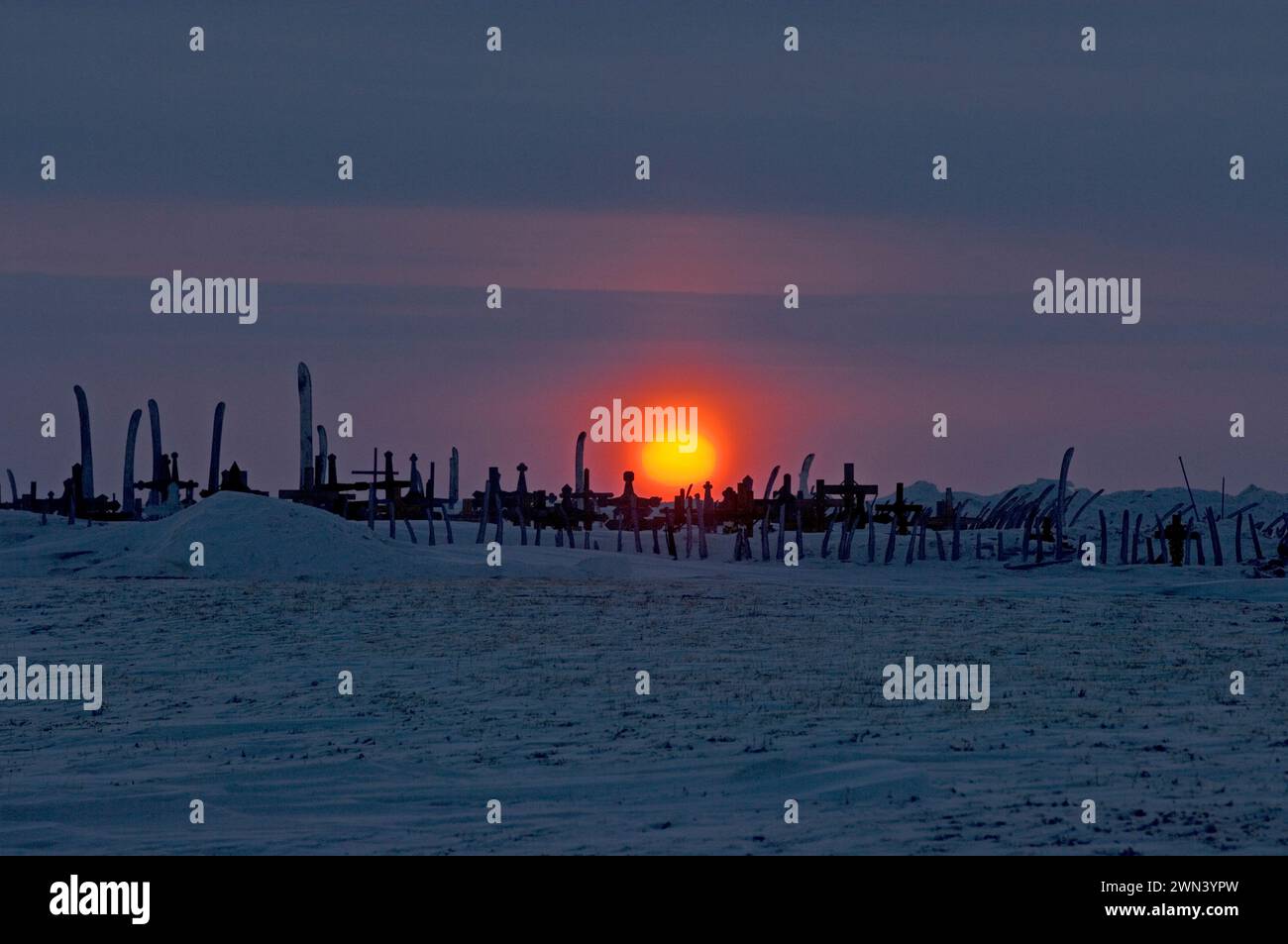 Sunset over graveyard site marked by whale rib bones outside the oldest ...