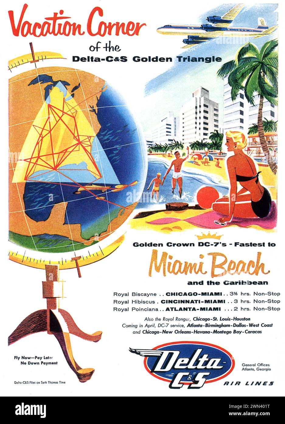 1955 Delta C & S Air Lines Print Ad. "Vacation corner of the Delta C&S ...