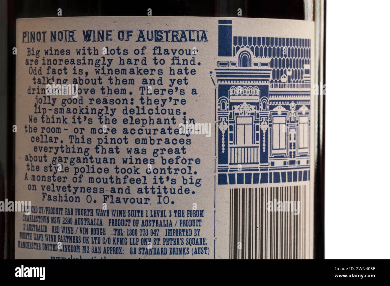 Information label on back of Elephant in the Room palatial Pinot Noir ...