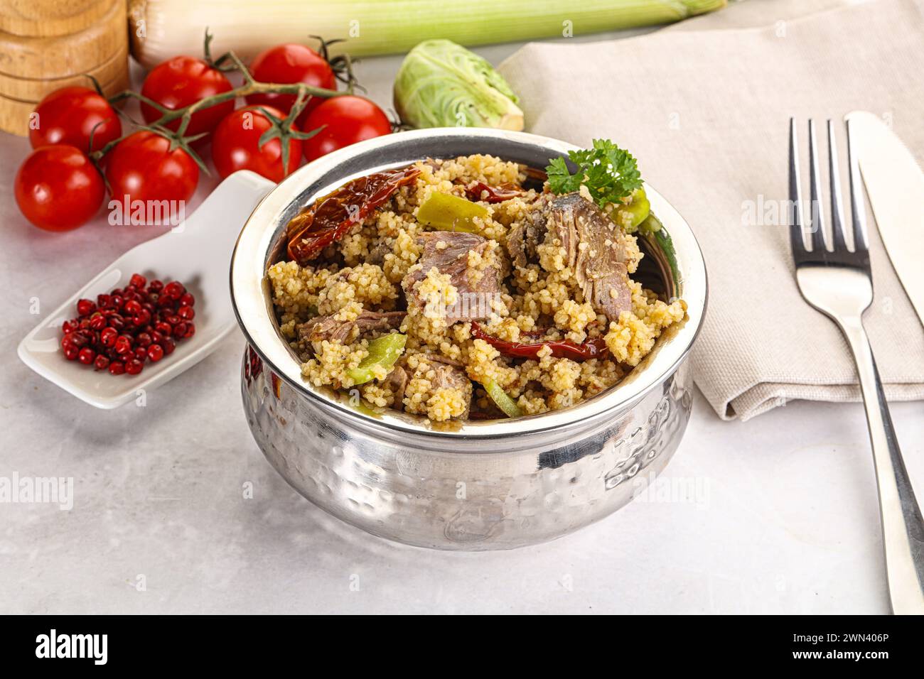 Bulgur with lamb meat and vegetables Stock Photo - Alamy