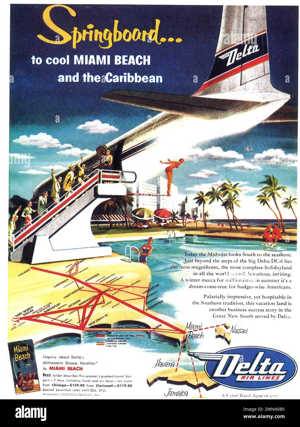 1952 Delta Air Lines Print Ad 'Springboard to cool Miami Beach and the ...