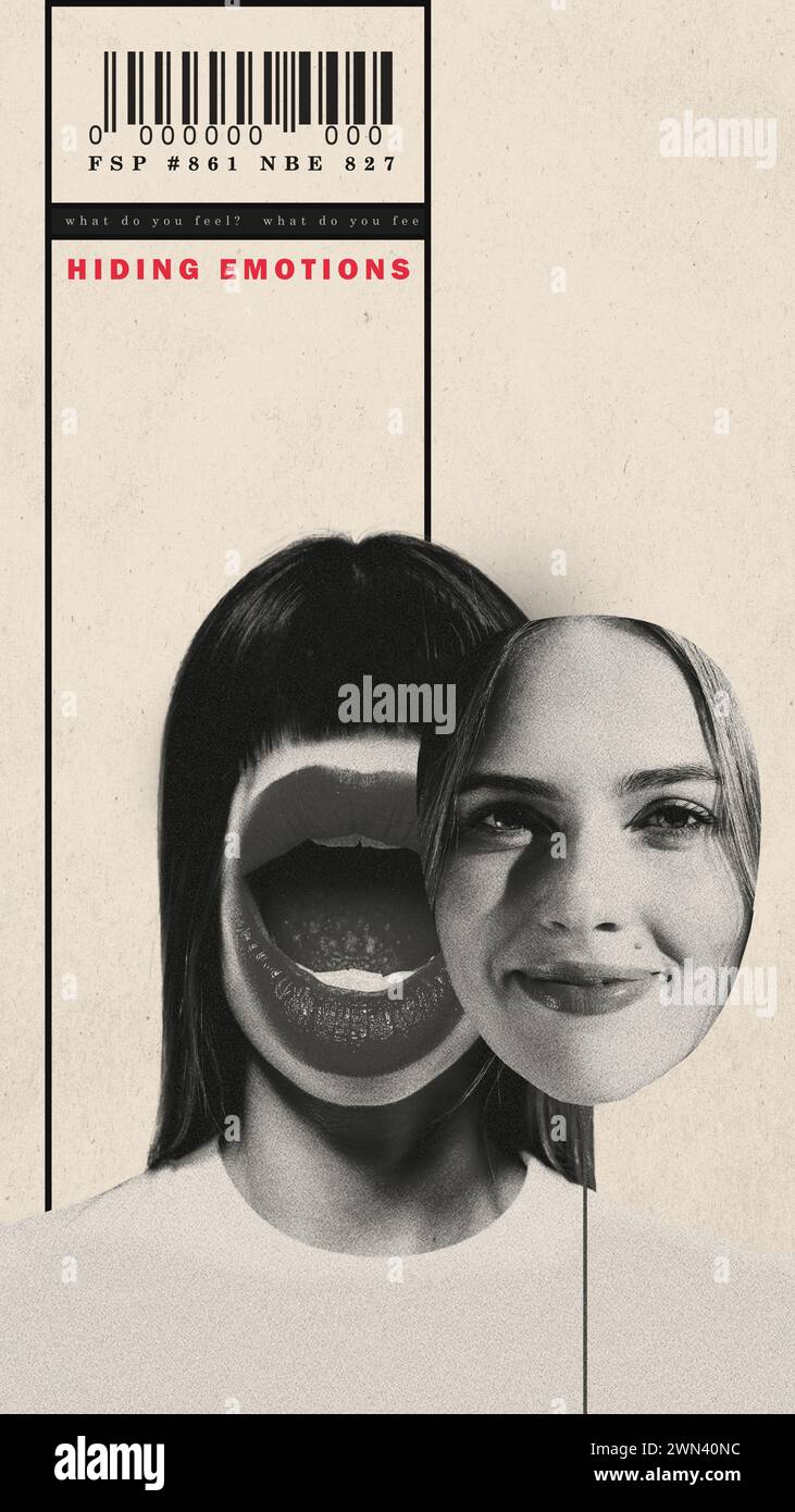 Female face with open mask and mask with smiling happy face. Diversity ...