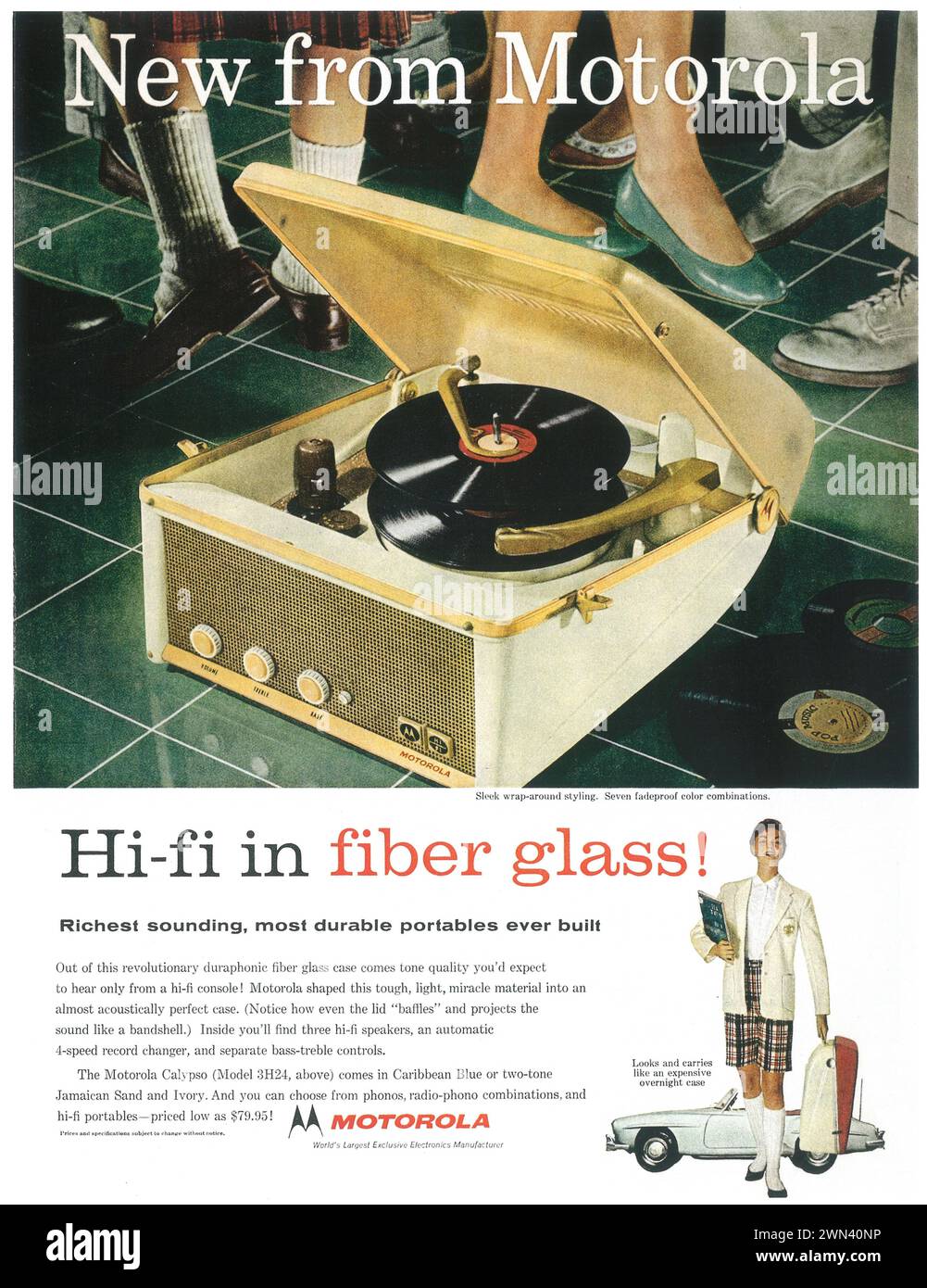 1957 Motorola Calypso hi-fi console print ad. 'Hi-fi in fiber glass ...