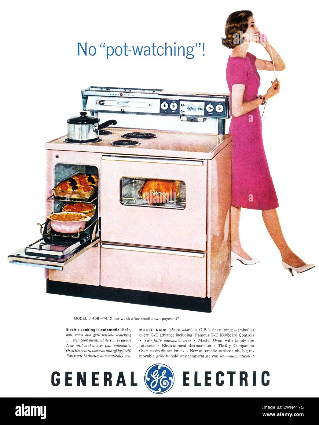 1959 General Electric J-408 Kitchen Range Ad. GE kitchen appliances ad Stock Photo - Alamy