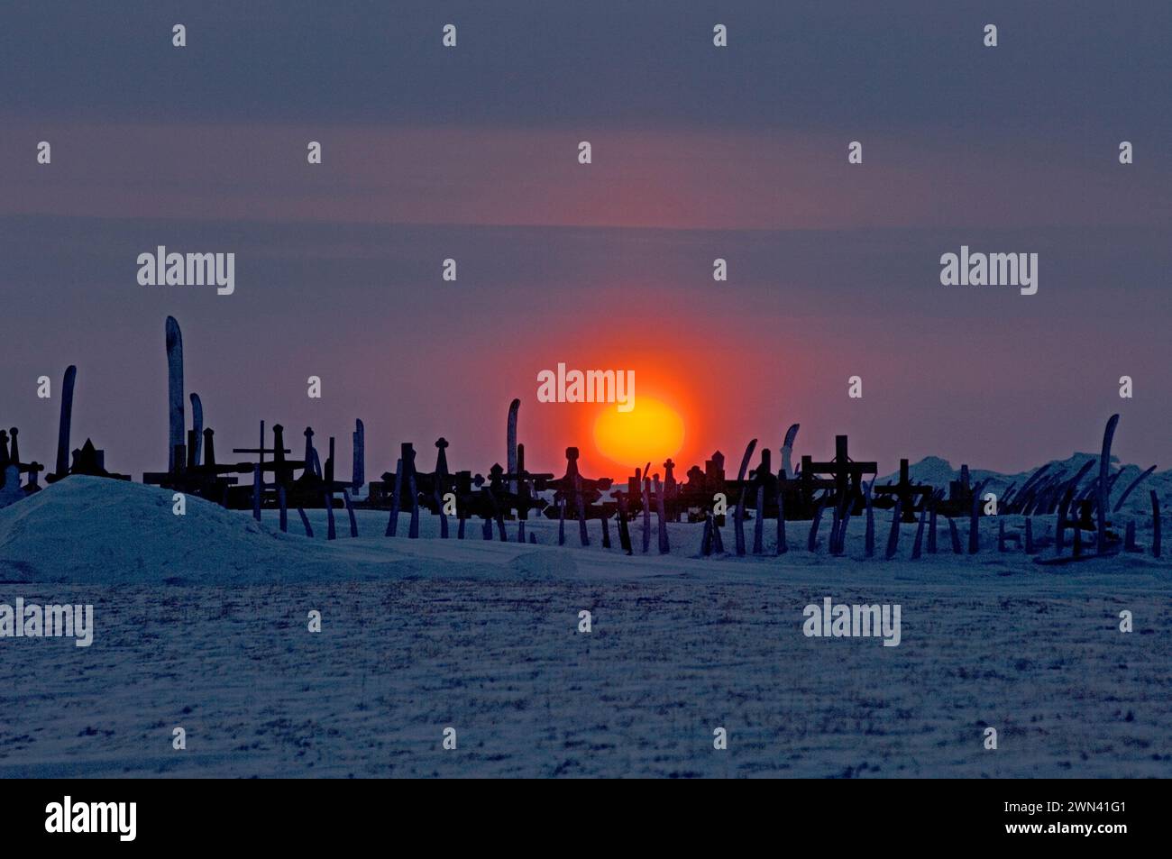 Sunset over graveyard site marked by whale rib bones outside the oldest ...