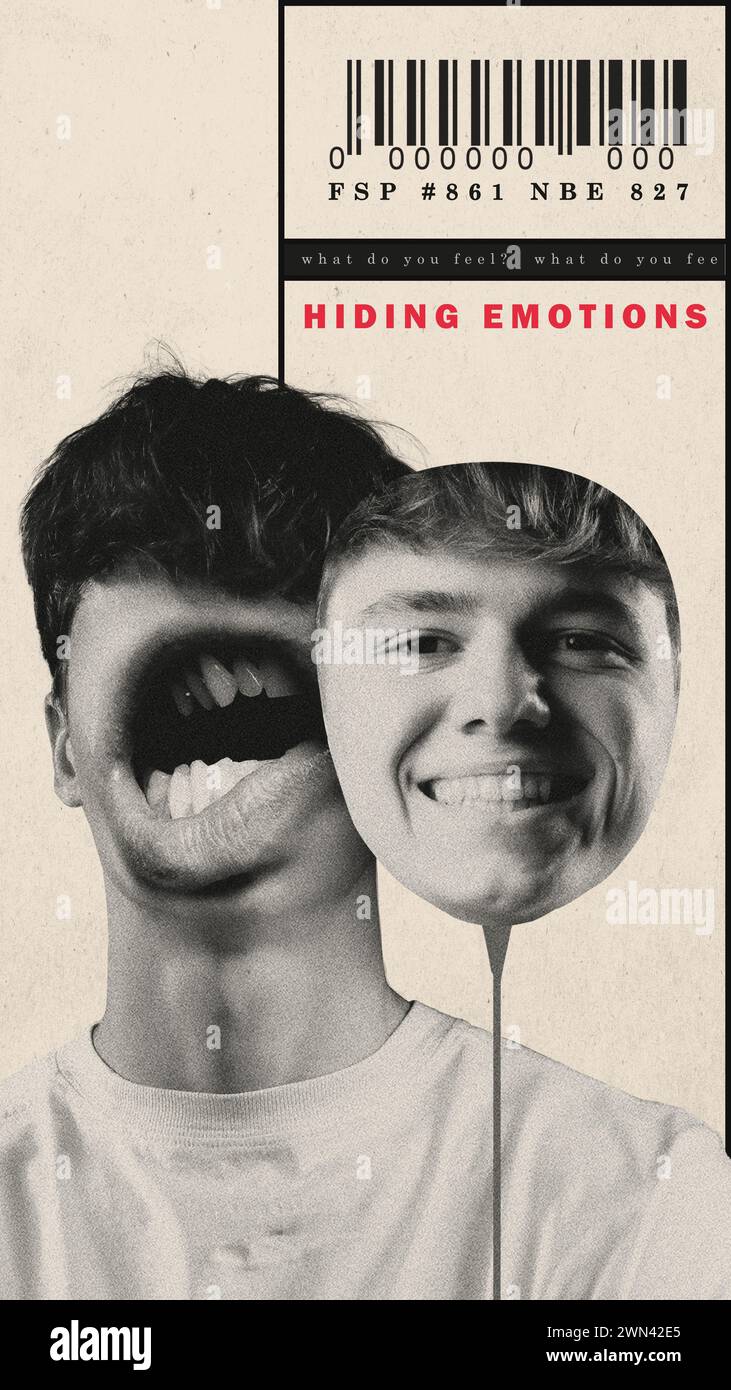 Male head with weird mouth and mask of serious and focused face ...