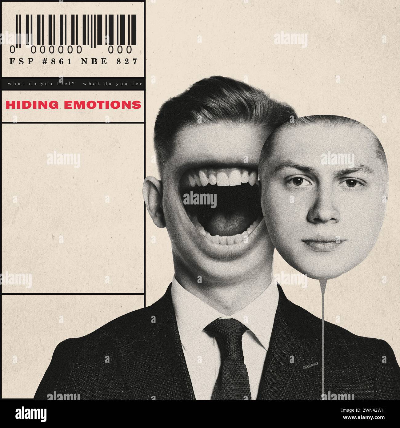 Male head with laughing mouth and mask of serious and focused face ...