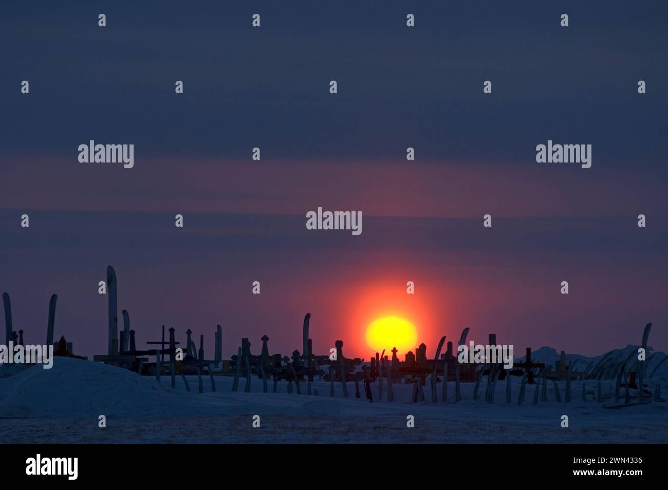 Sunset over graveyard site marked by whale rib bones outside the oldest ...