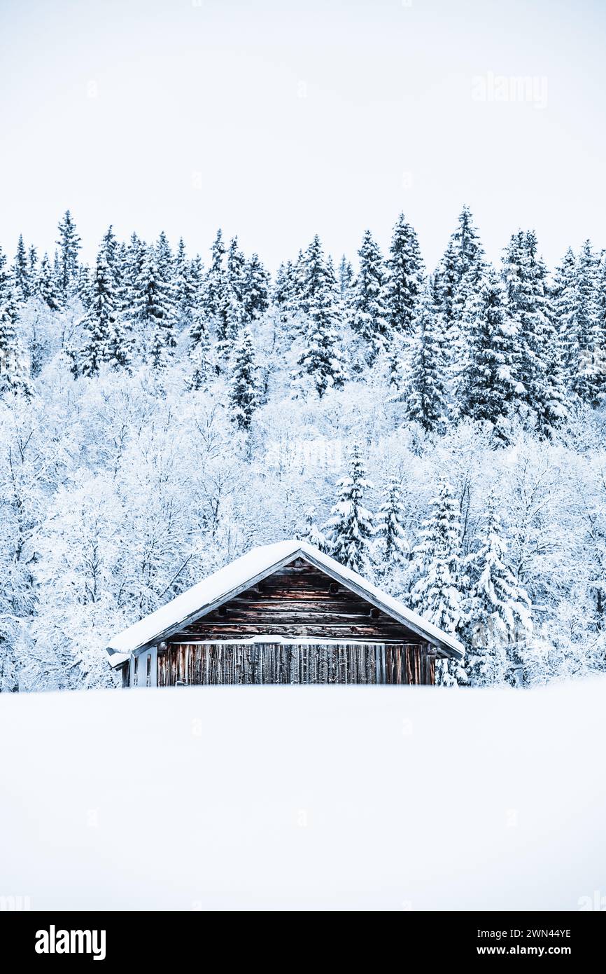 A rustic wooden barn stands blanketed in fresh snow with a backdrop of ...