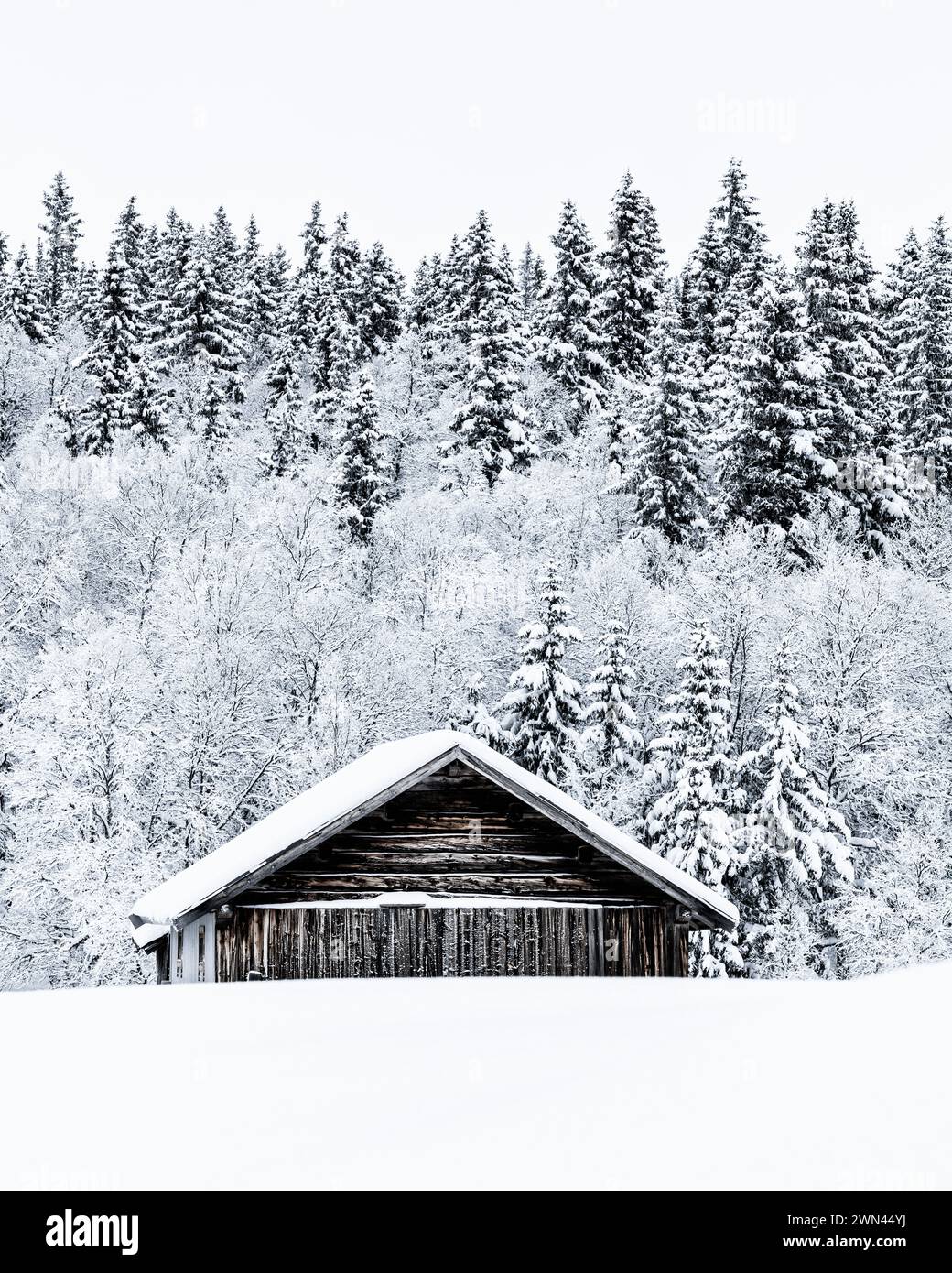 A rustic wooden barn stands blanketed in fresh snow with a backdrop of ...