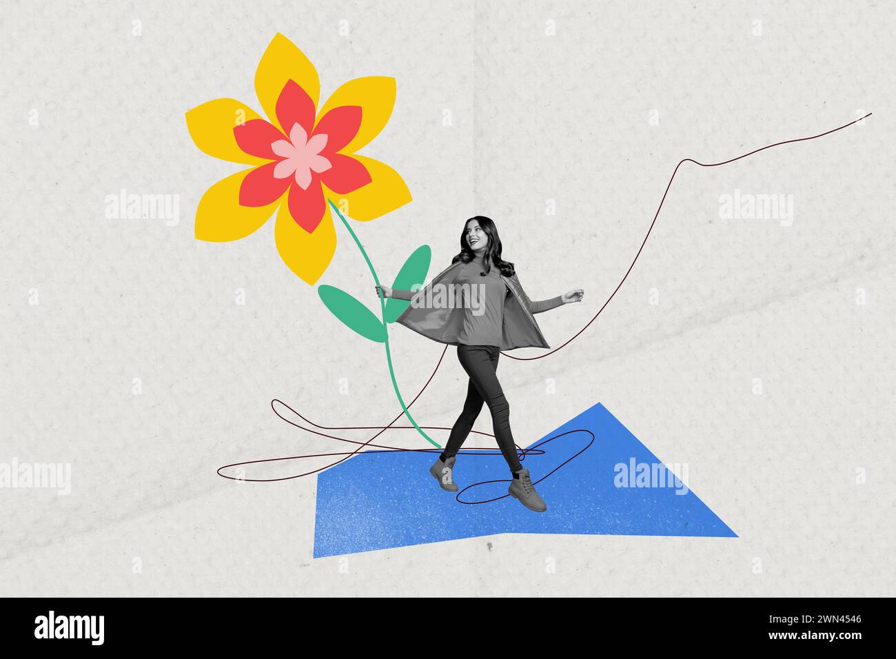 Collage image of excited cheerful mini black white effect girl run arm ...