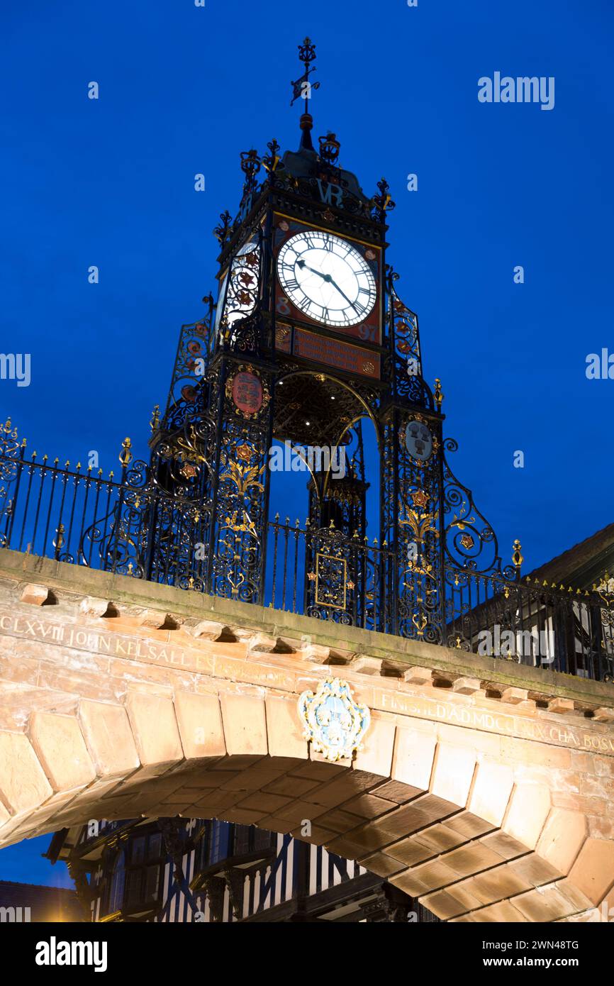 UK, Chester, the Jubilee clock, overlooking the main Chester highstreet ...