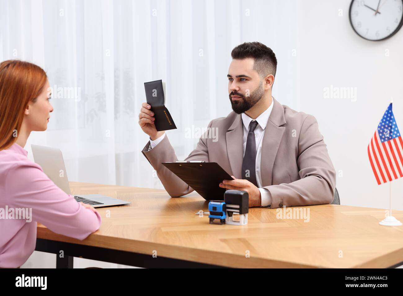 Immigration to United States. Woman having interview with embassy ...