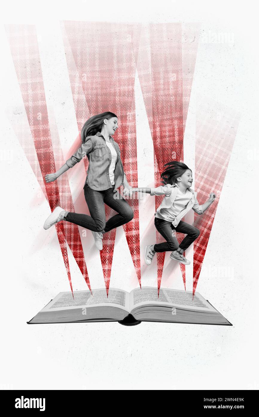 Vertical photo collage young woman mother hold daughter hand little ...