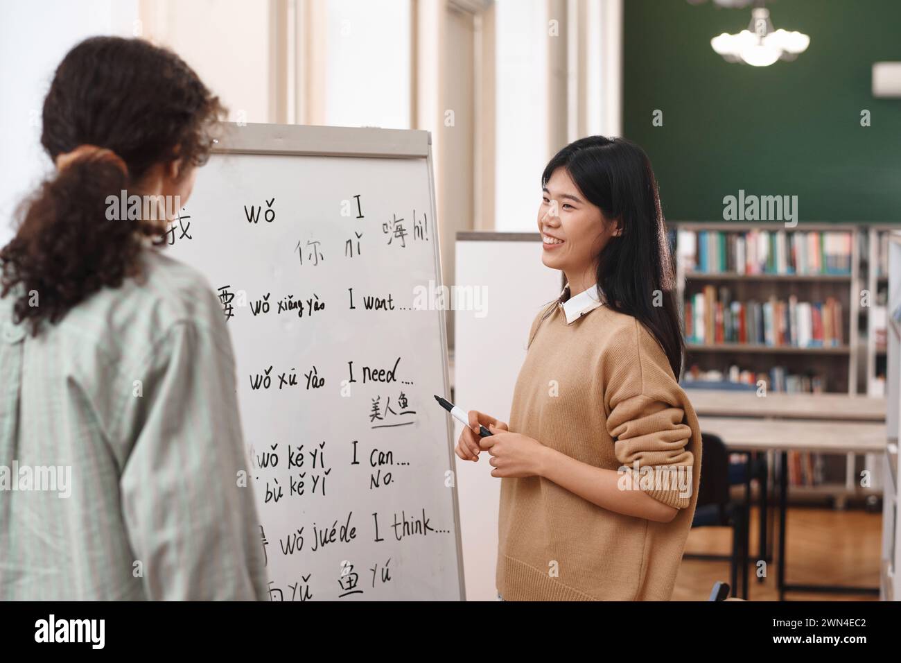 Portrait of friendly Asian woman teaching Chinese language to student ...