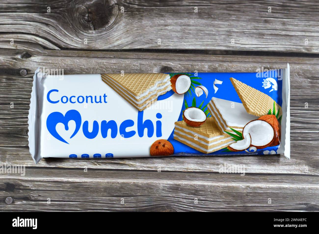 Cairo, Egypt, February 22 2024: Coconut Munchi wafers filled with ...