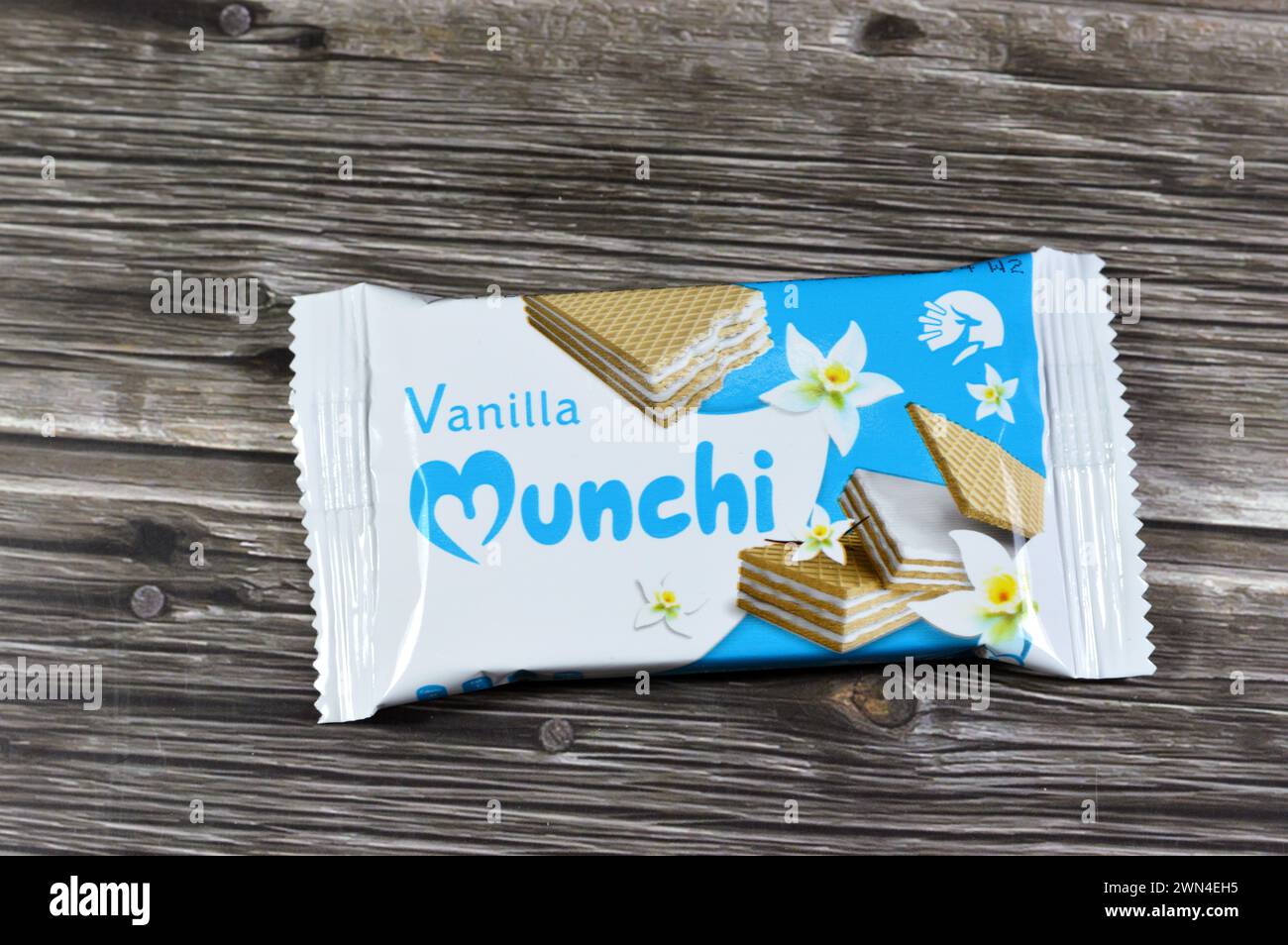 Cairo, Egypt, February 22 2024: Vanilla Munchi wafers filled with ...