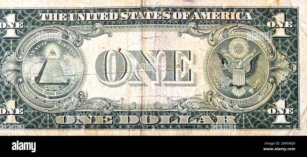 Large fragment of the reverse side of 1 one dollar bill banknote series ...