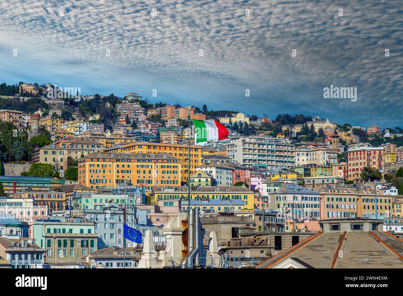 GENOA, ITALY - MARCH 20, 2021: Panoramic view of port of Genoa with ...