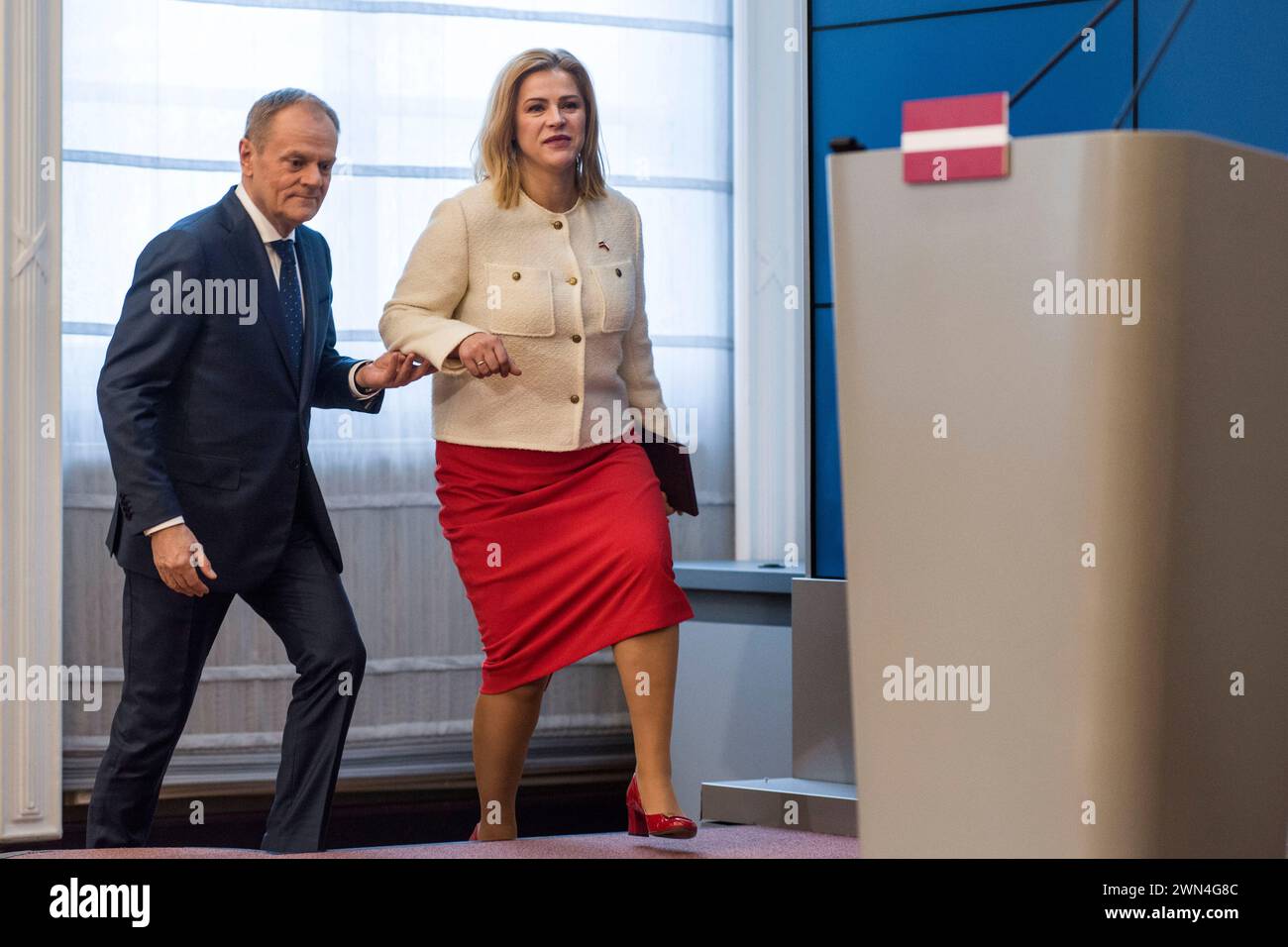 Warsaw, Poland. 29th Feb, 2024. Prime minister Donald Tusk (L) and the Latvian PM Evika Silina ...