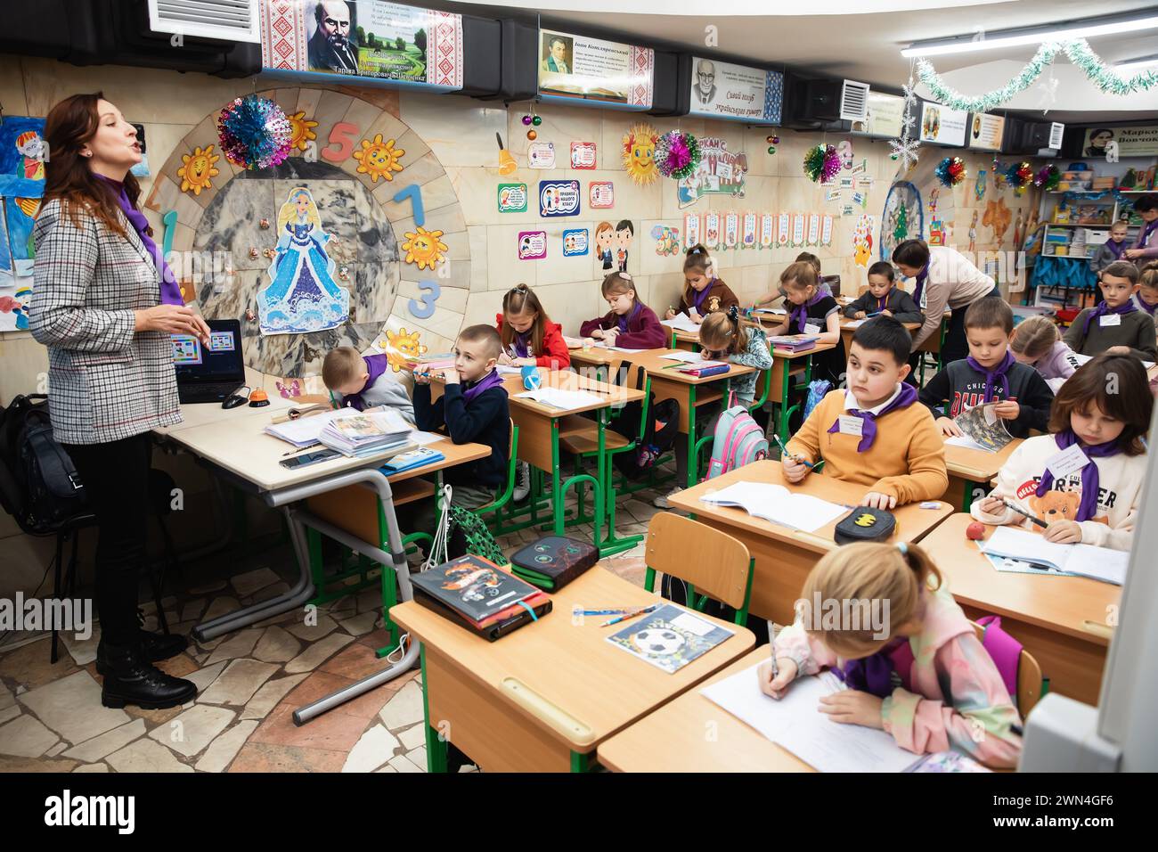 December 19, 2023, Kharkiv, Ukraine: A female teacher is seen teaching ...