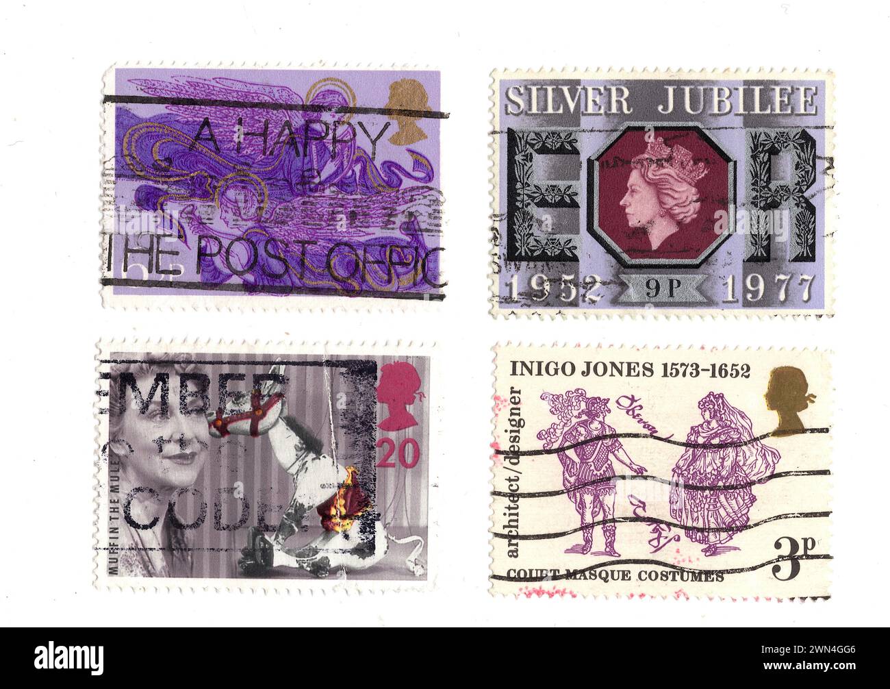 Vintage purple commemorative postage stamps from the United Kingdom ...