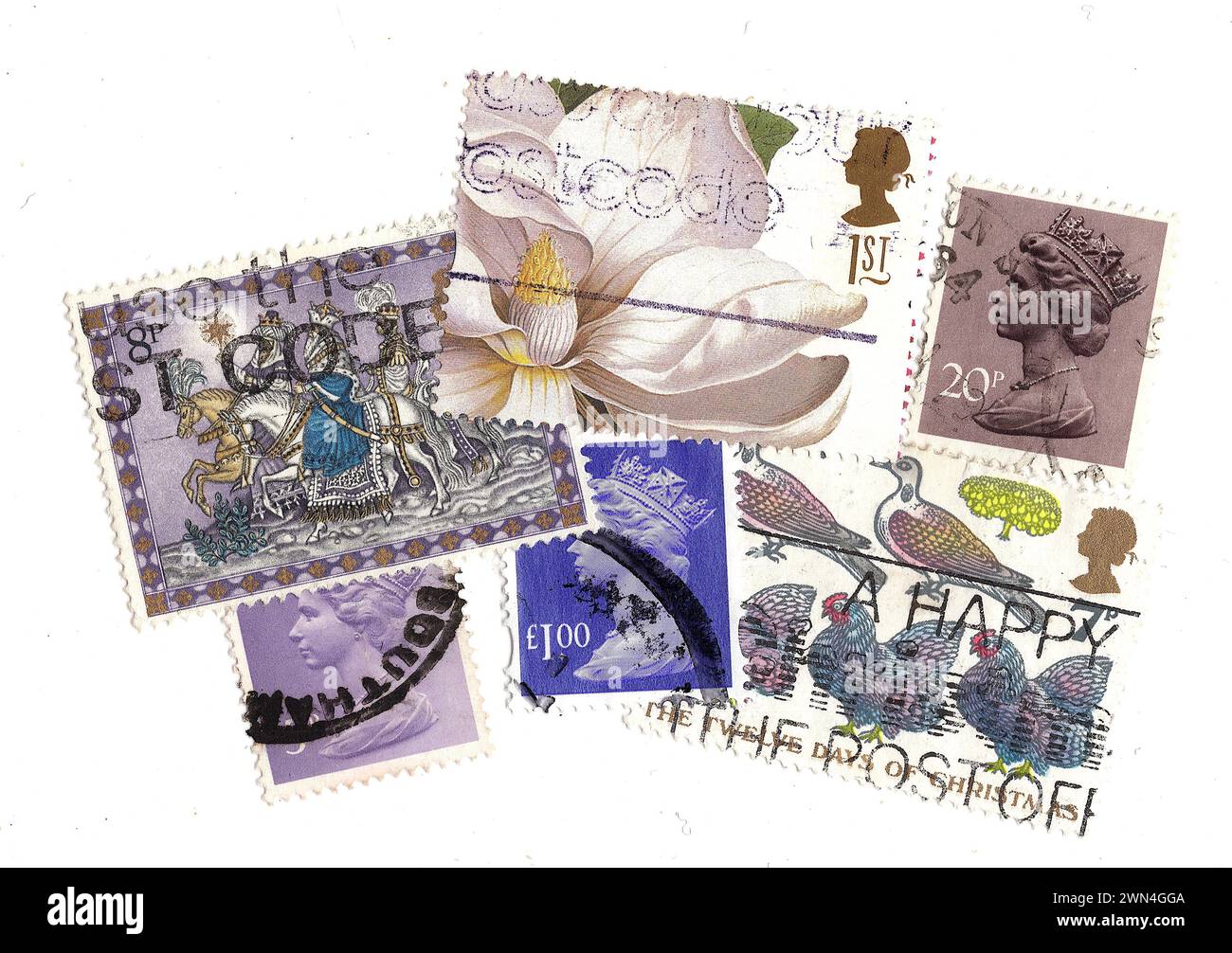 Vintage purple commemorative postage stamps from the United Kingdom ...