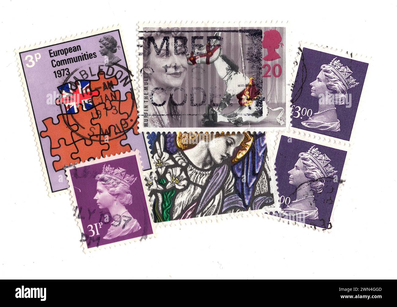 Vintage purple commemorative postage stamps from the United Kingdom ...