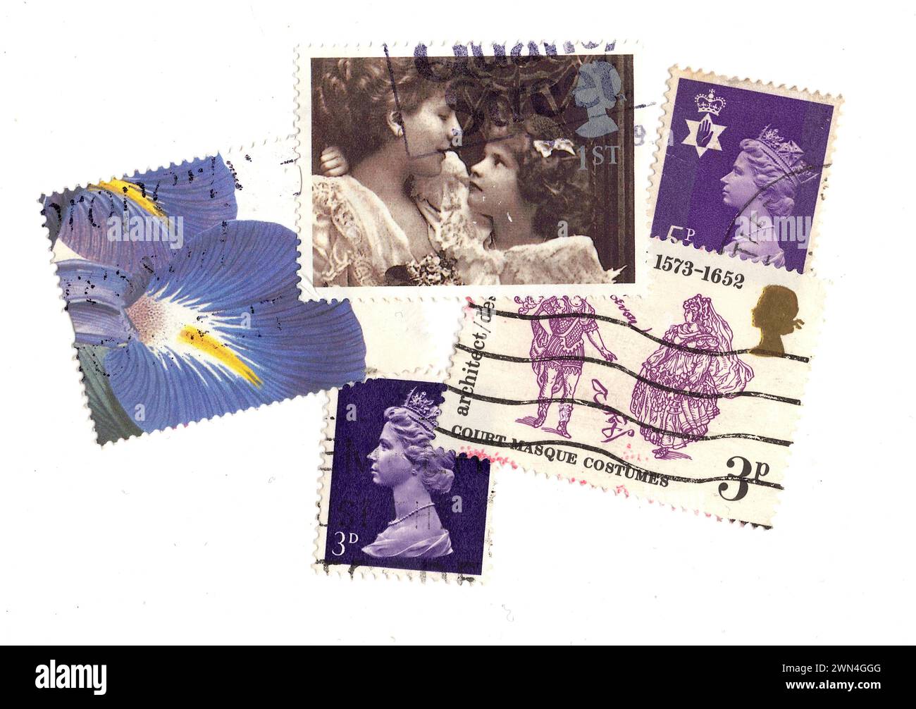 Vintage purple commemorative postage stamps from the United Kingdom ...