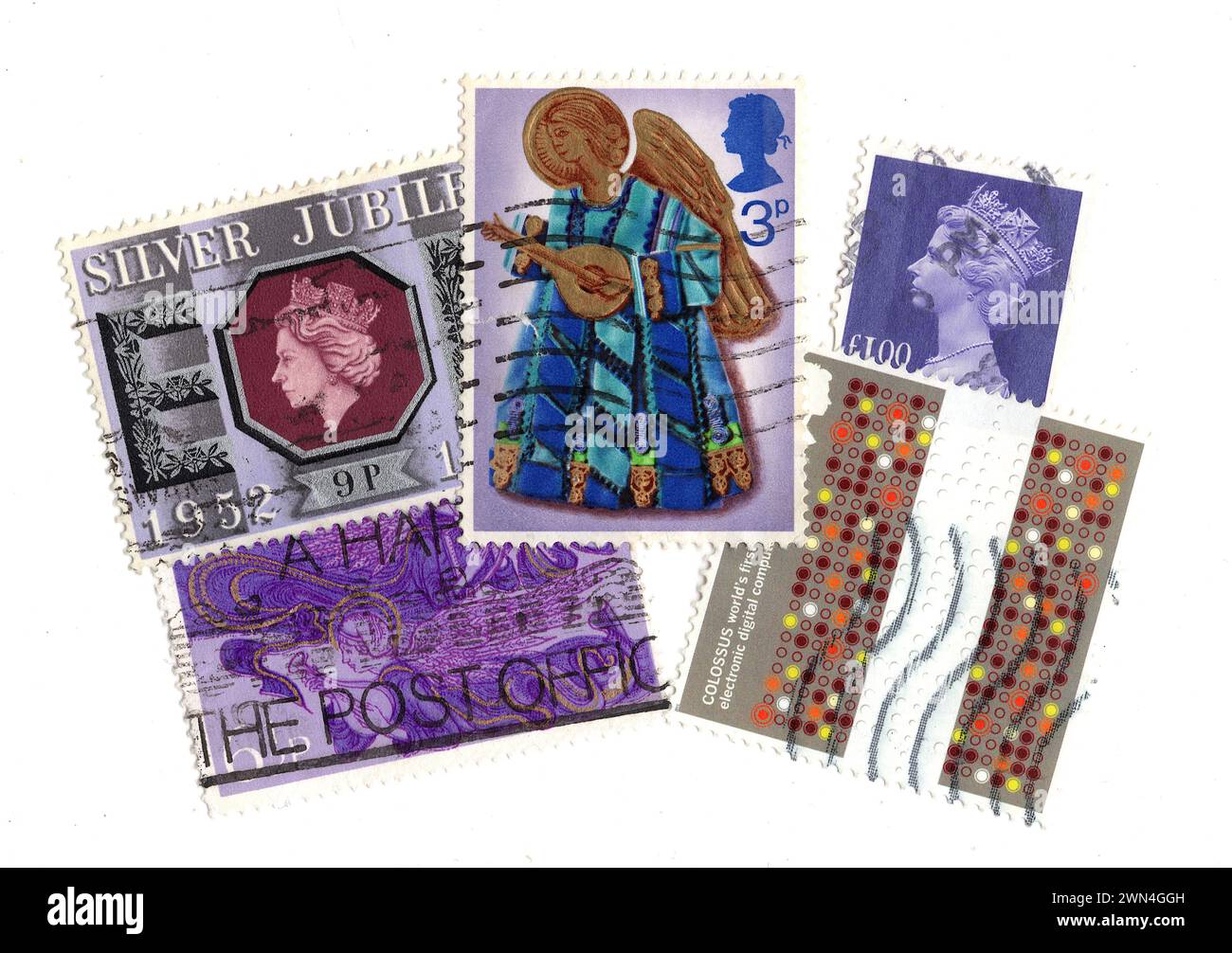Vintage purple commemorative postage stamps from the United Kingdom ...