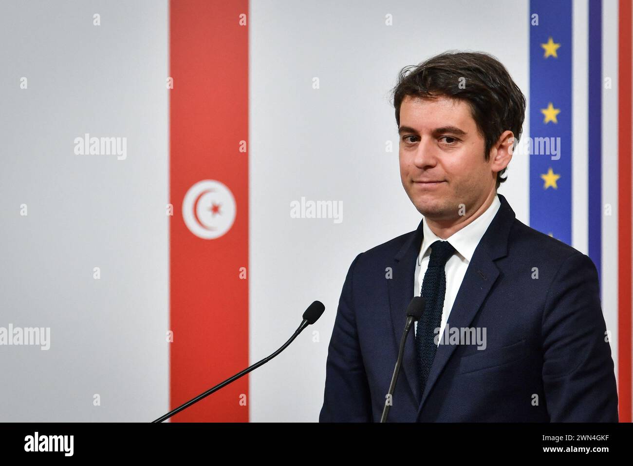 French Prime Minister Gabriel Attal looks on during a press conference ...
