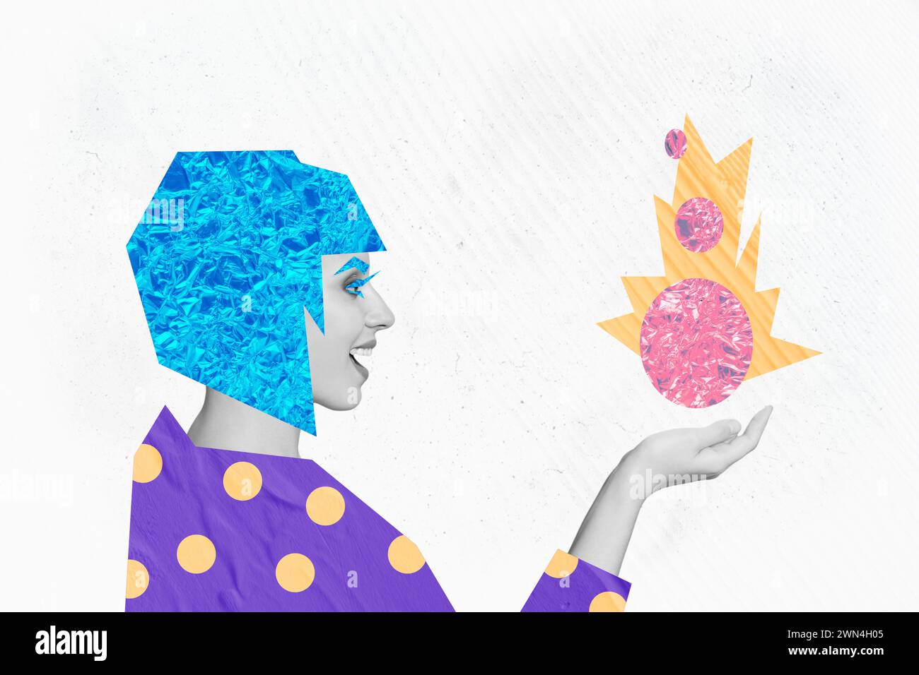 Creative photo collage young excited curious girl opened mouth reach ...