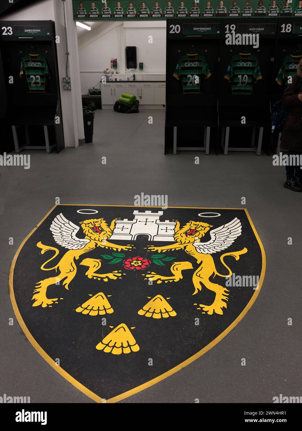 Emblem on the floor of the changing room at Northampton Saints rugby ...