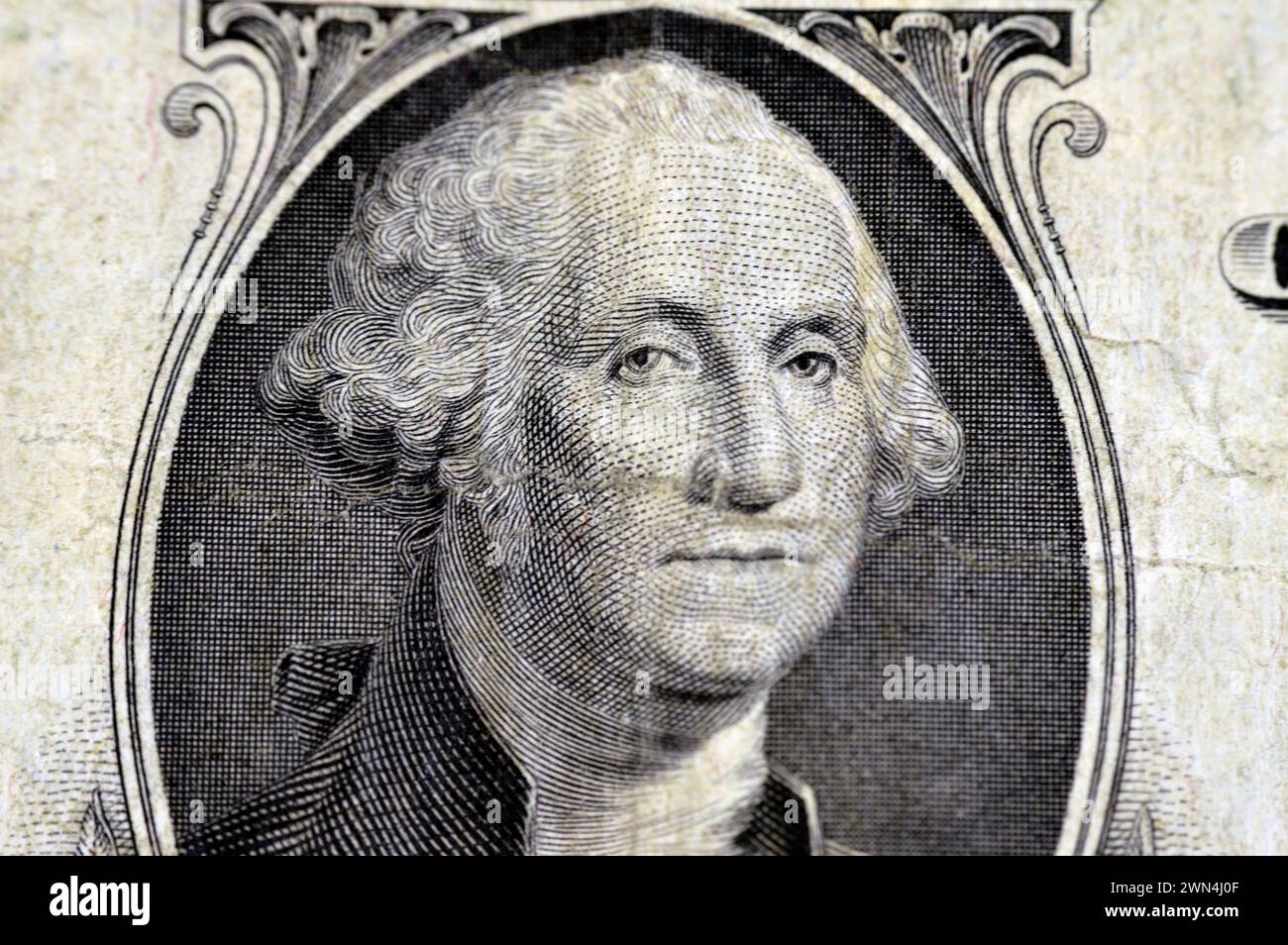 A detailed closeup of the Obverse side of 1 one dollar bill banknote ...